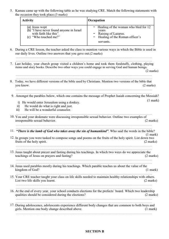 Grade 7 CRE December 2024 Holiday Assignment - 17269