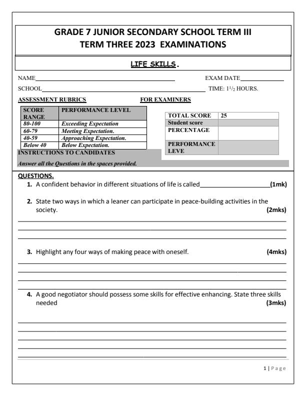 Grade 7 Junior secondary school Life Skills education term 3 assessment ...