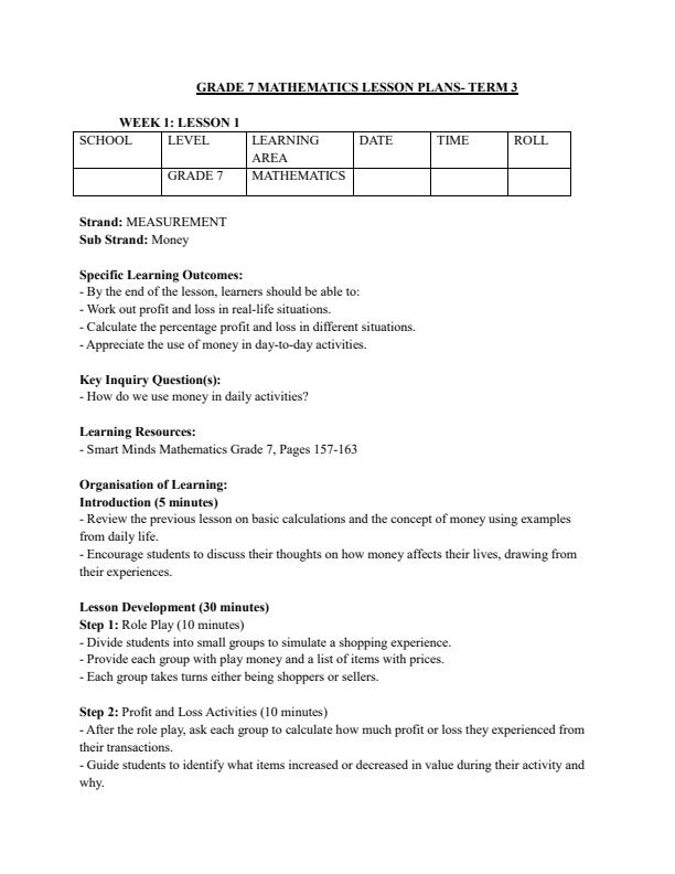 Grade 7 Mathematics Lesson Plans Term 3 - Rationalized - 16778
