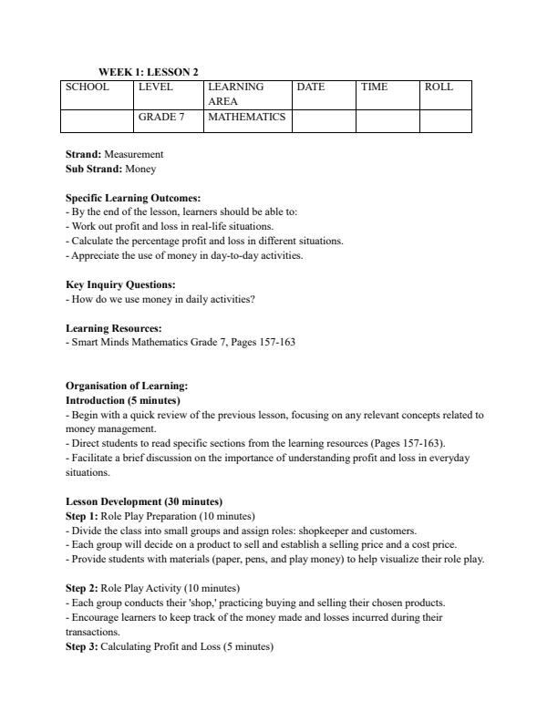 Grade 7 Mathematics Lesson Plans Term 3 - Rationalized - 16778