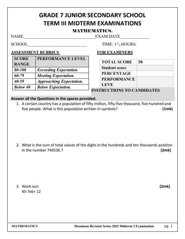 Grade 7 Mathematics Mid-Term 3 Exams 2023 (No Marking Scheme) - 14721