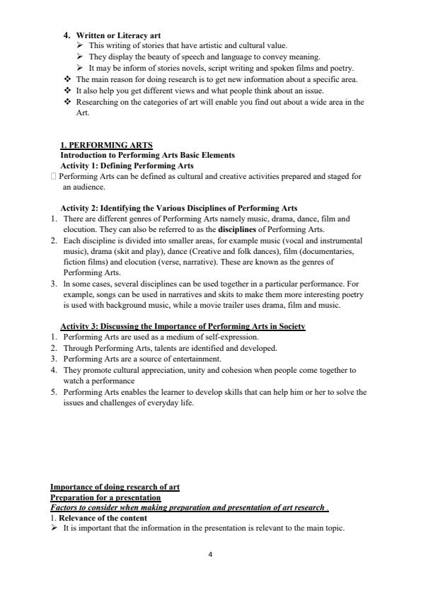 Grade 7 Rationalized Creative Arts and Sports Lesson Notes Term 1 - 15583