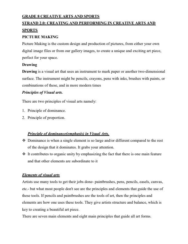 Grade 8 Creative Arts and Sports Notes Strand 2 Notes: Creating and ...