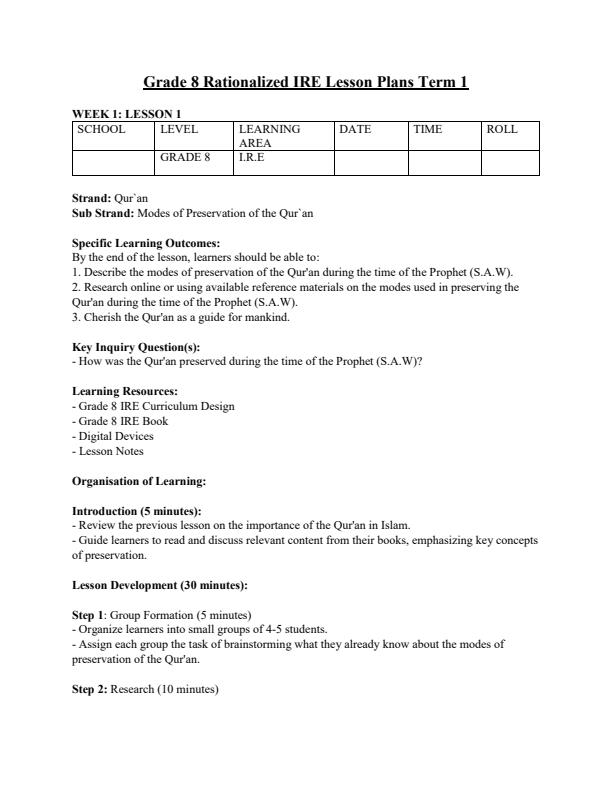 Grade 8 IRE Lesson Plans Term 1 - 18006
