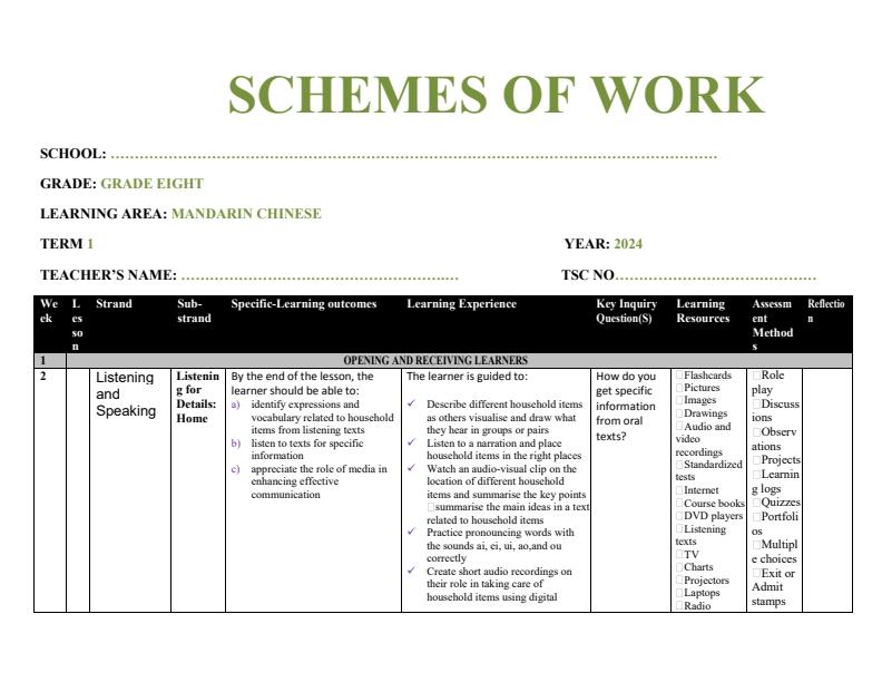 Grade 8 Mandarin Chinese Schemes of Work Term 1 - 15118