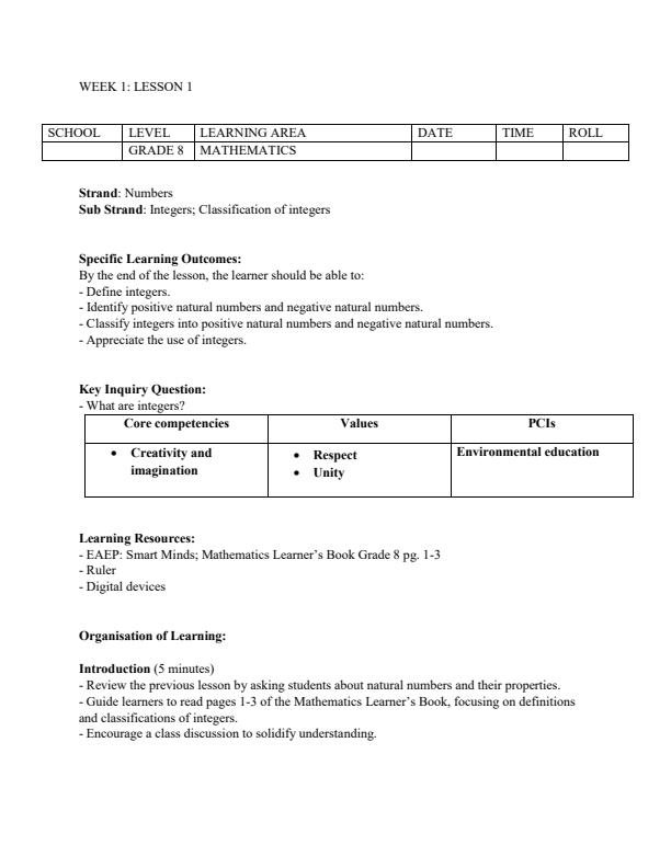 Grade 8 Mathematics Lesson Plans on Numbers - 17228