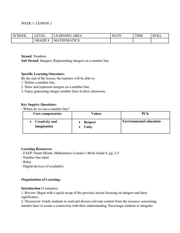 Grade 8 Mathematics Lesson Plans on Numbers - 17228
