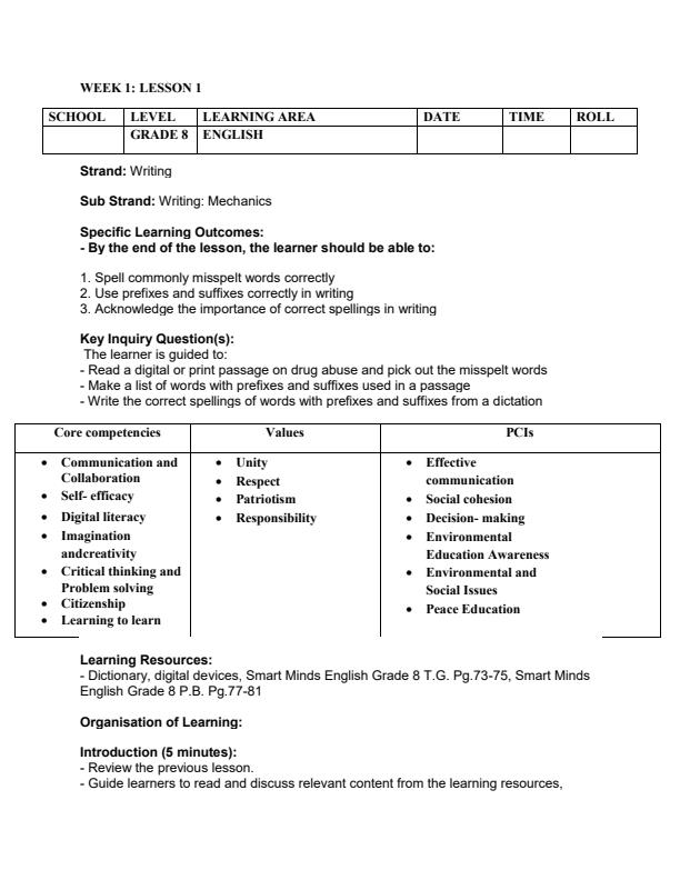 Grade 8 Rationalized English Lesson Plans Term 2 - 16700
