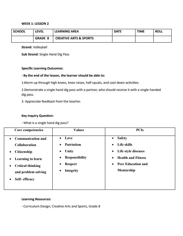 Grade 8 Rationalized Creative Arts and Sports Lesson Plans Term 3 - 16990