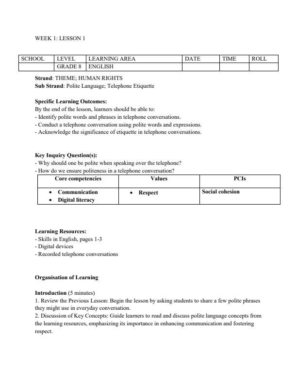 Grade 8 Rationalized English Lesson Plans Term 1 - 17214