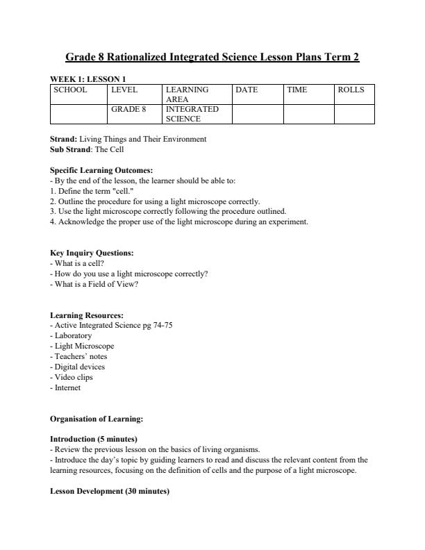 Grade 8 Rationalized Integrated Science Lesson Plans Term 2 - 18046