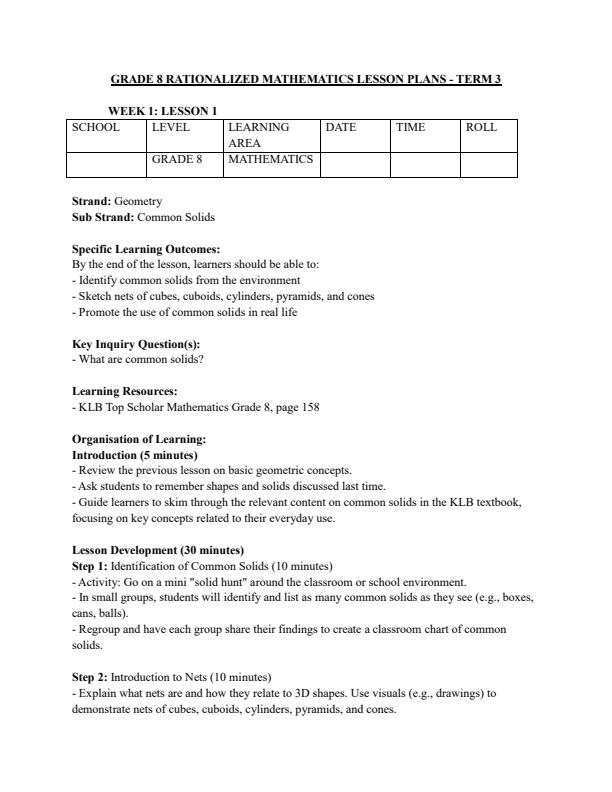 Grade 8 Rationalized Mathematics Lesson Plans Term 3 - KLB Top Scholar ...