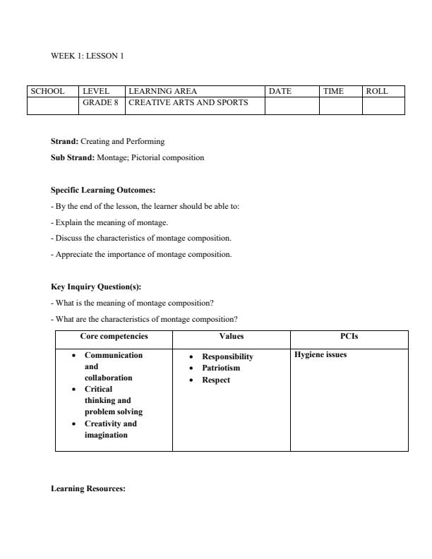 Grade 8 Rationalised Creative Arts and Sports Lesson Plans Term 2 - 16595