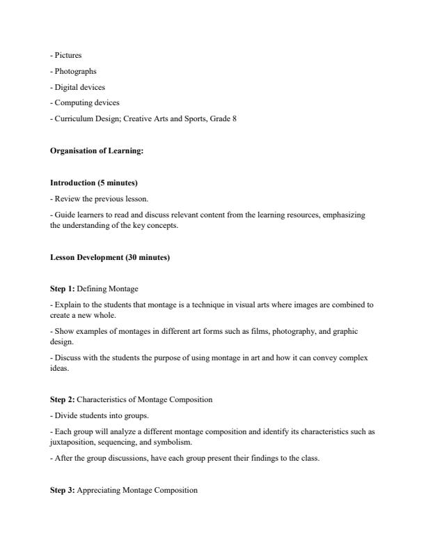 Grade 8 Rationalised Creative Arts and Sports Lesson Plans Term 2 - 16595