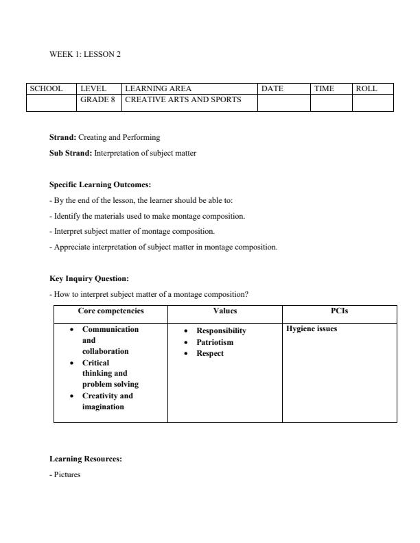 Grade 8 Rationalised Creative Arts and Sports Lesson Plans Term 2 - 16595