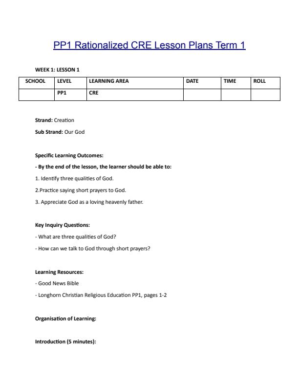 PP1 Rationalized CRE Lesson Plans Term 1 - 17672