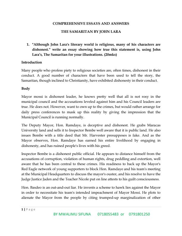 The Samaritan Comprehensive Essays with Answers. - 15988