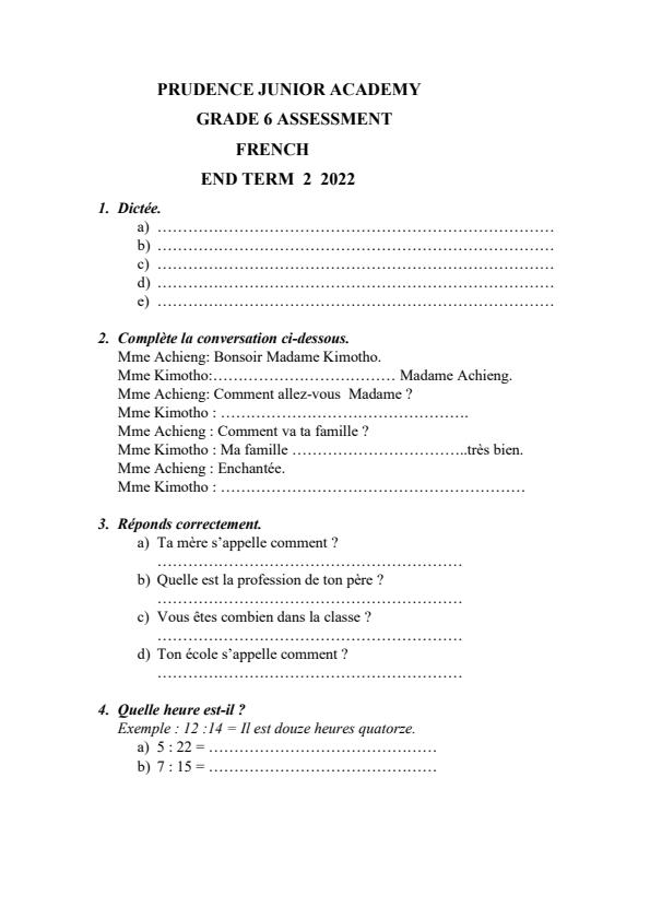 Grade 6 Sample French Assessment Test End Term 2 2022 - 12097