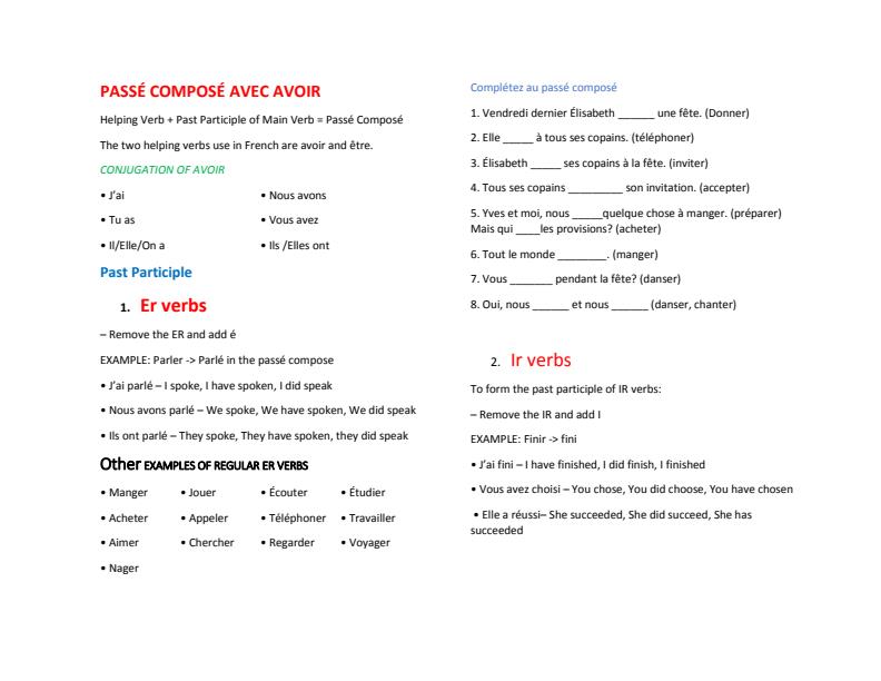 French Structure 1 Notes On Passé Composé
