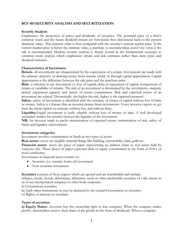 BCF 407: Security Analysis and Securitization Notes (10 Pages) - 1297